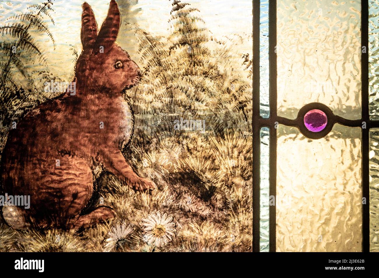Vintage stained glass illustration of a rabbit in a field Stock Photo ...