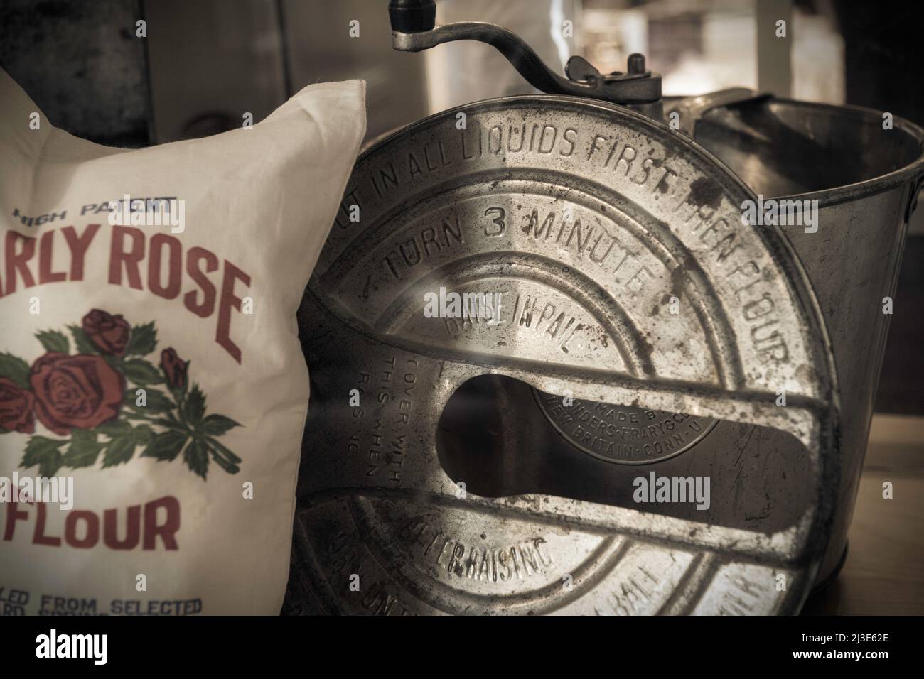 Vintage flour sack and bread making equipment in the 1920s or 1930s ...