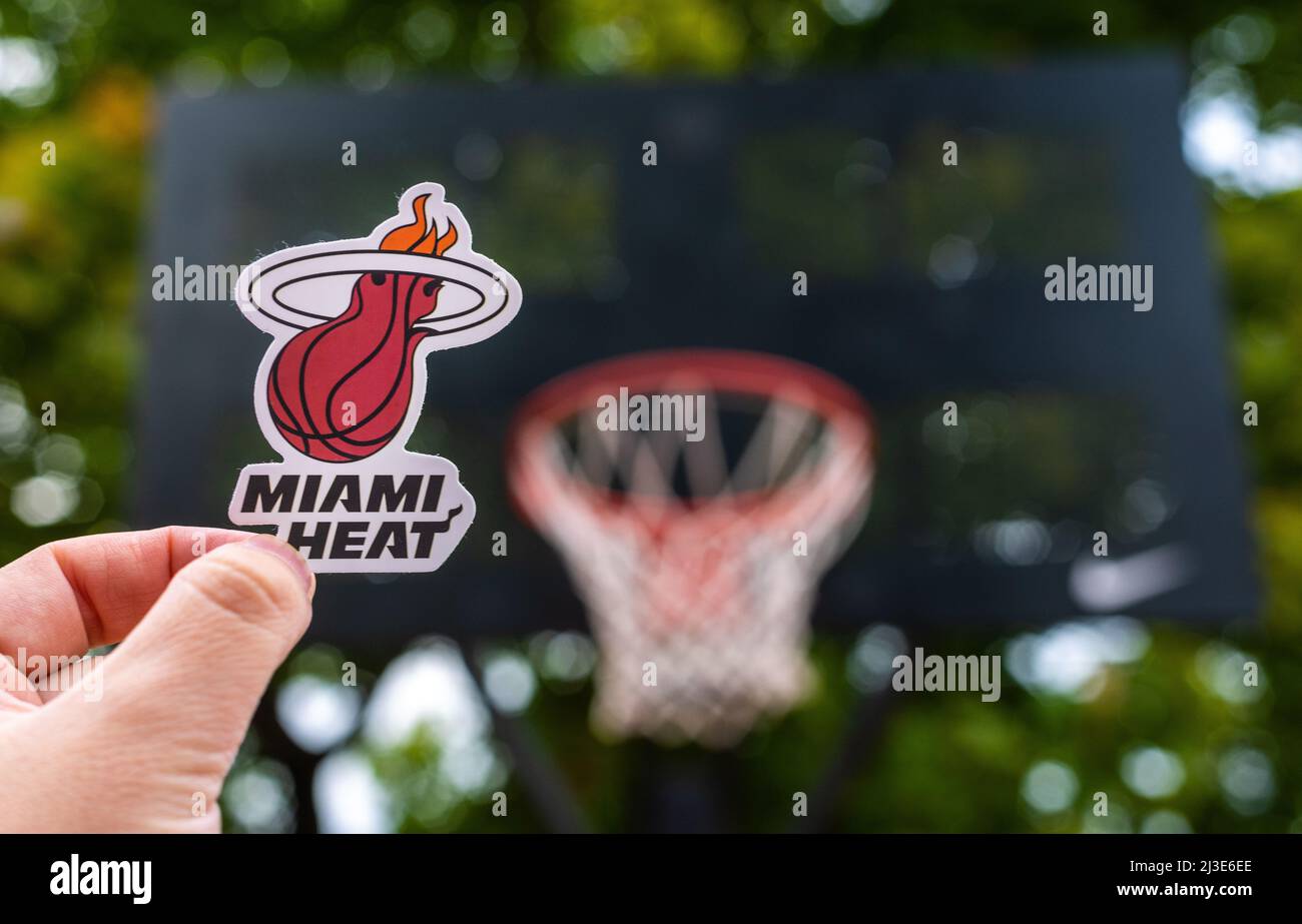 September 15, 2021, Miami, USA, A man holds the emblem of the Miami ...