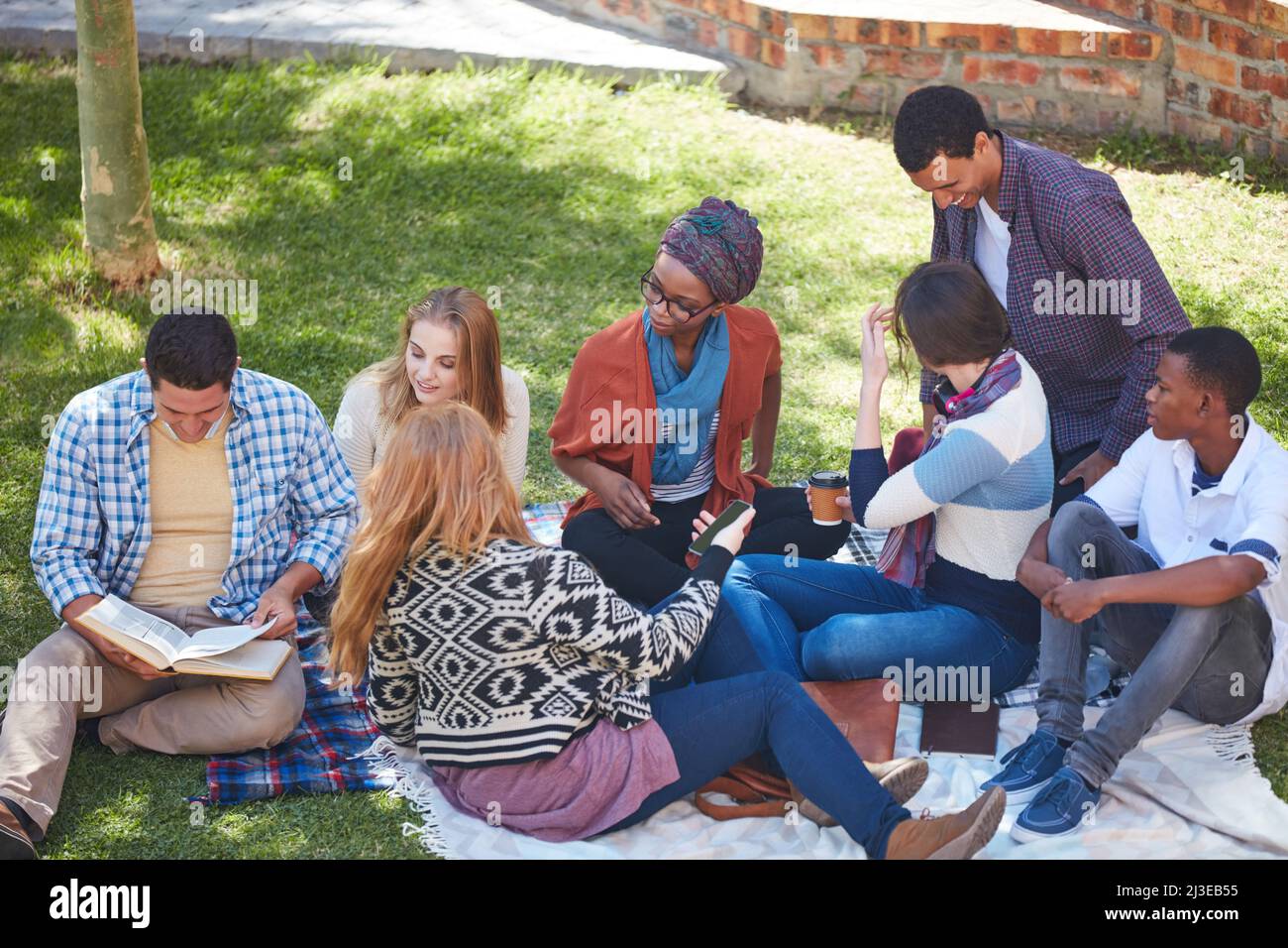 Study and chill. Shot of a group of young friends having their study ...