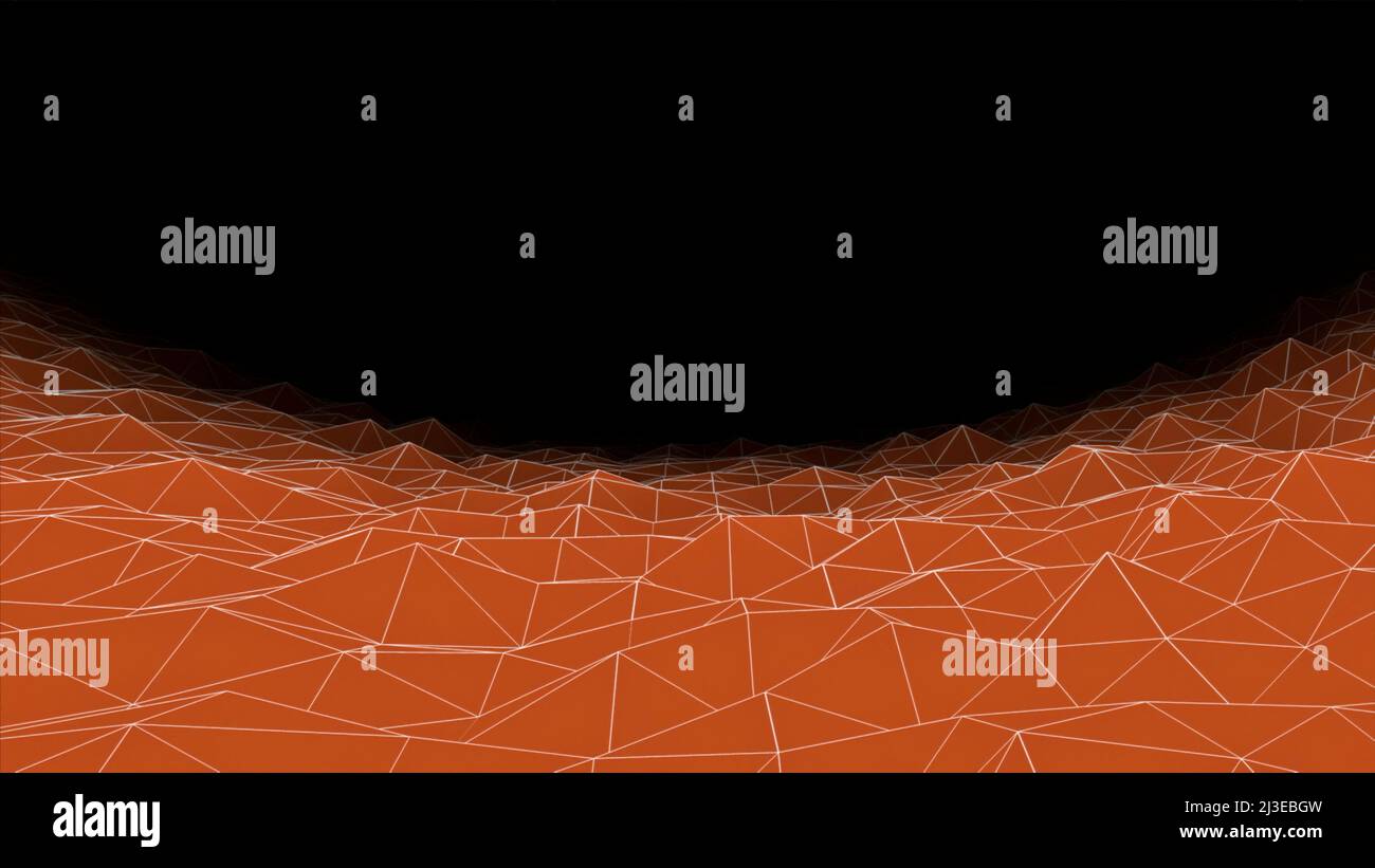 Flying above plexus grid landscape on a dark background, seamless loop ...