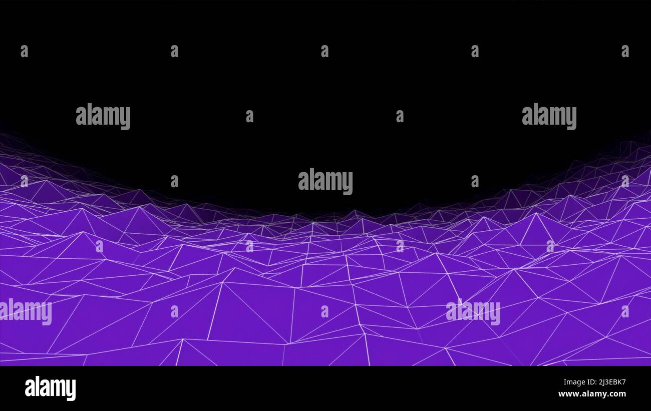 Flying above plexus grid landscape on a dark background, seamless loop ...