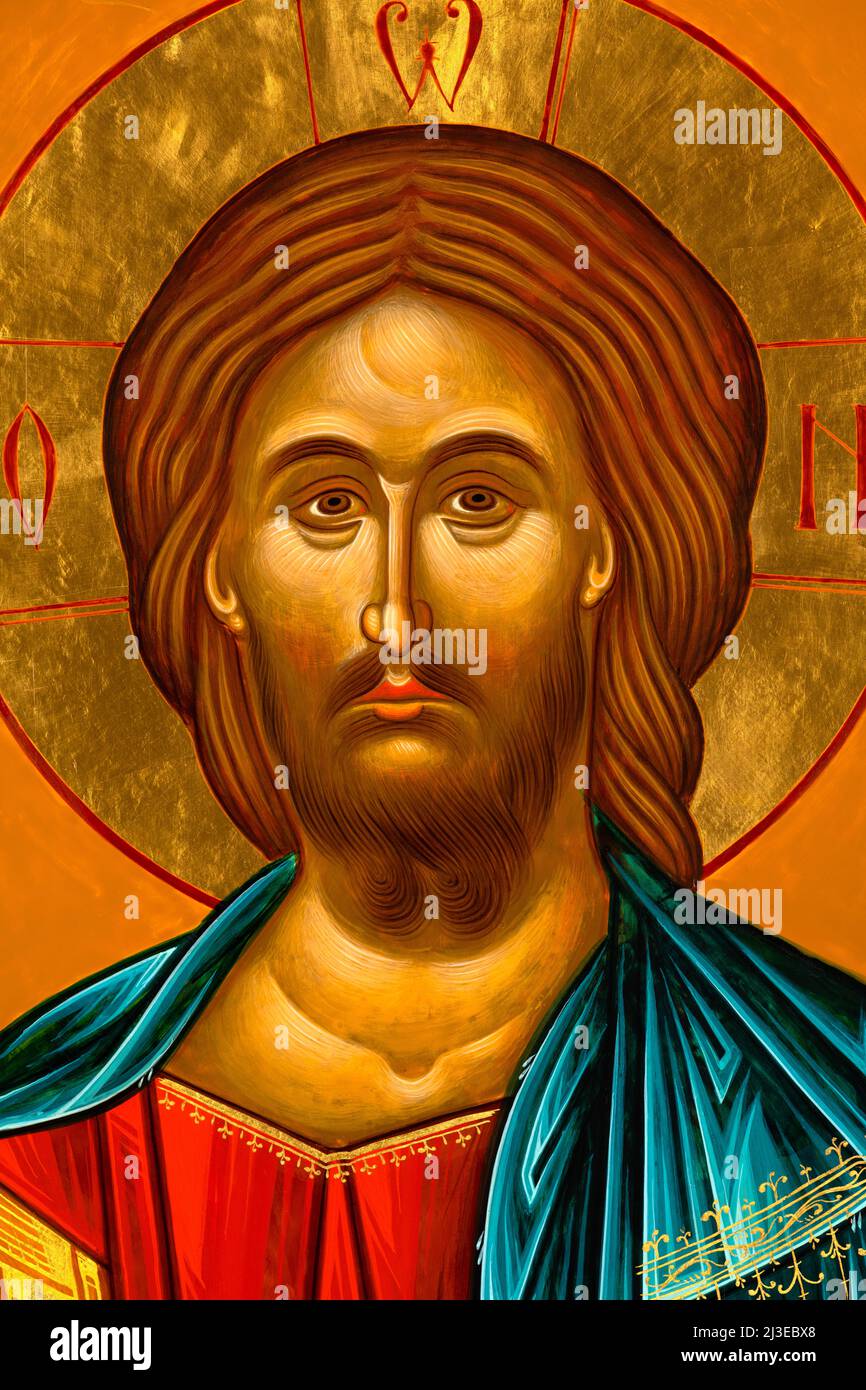 Detail of byzantine or orthodox icon depicting the head of Jesus Christ ...