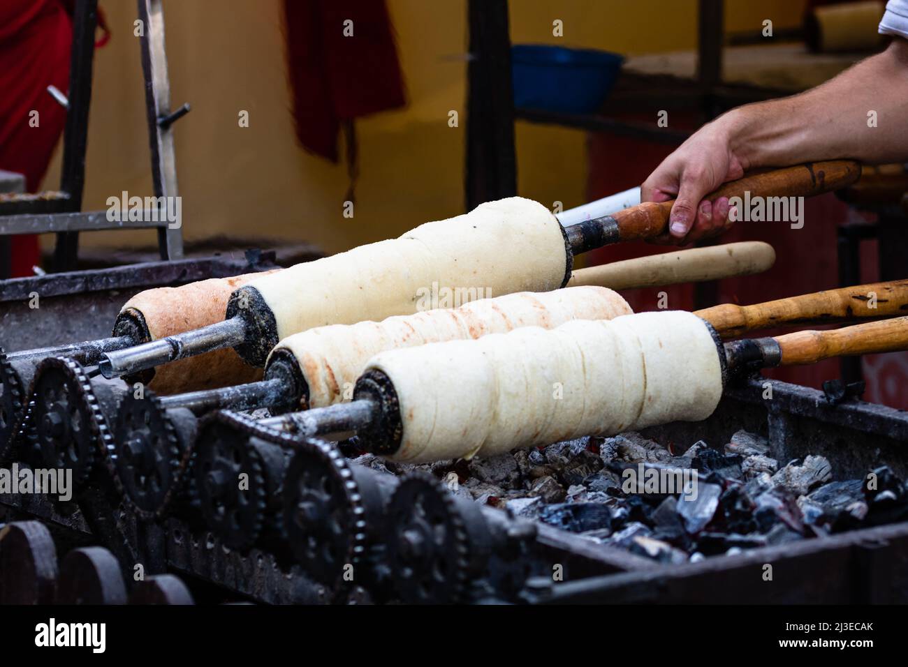 Kurtos Kolacs (Kürtőskalács). Traditional Hungarian cake, baked with ...