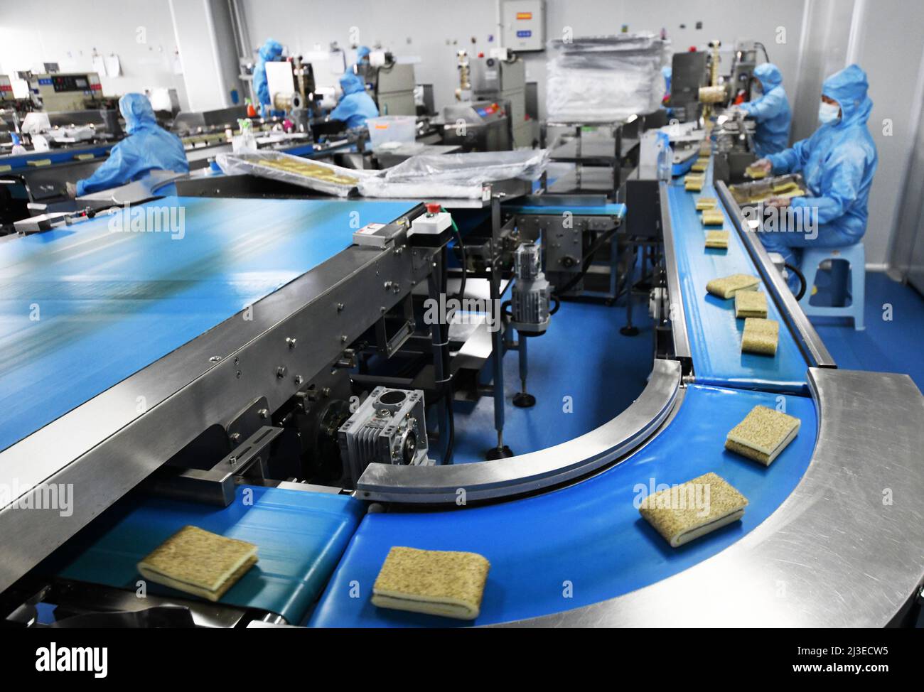 ZAOZHUANG, CHINA - APRIL 7, 2022 - Workers work on a bread production ...