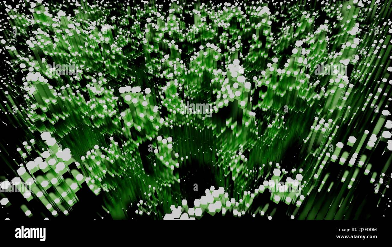 Abstract wave like motion of narrow green columns on a black background ...