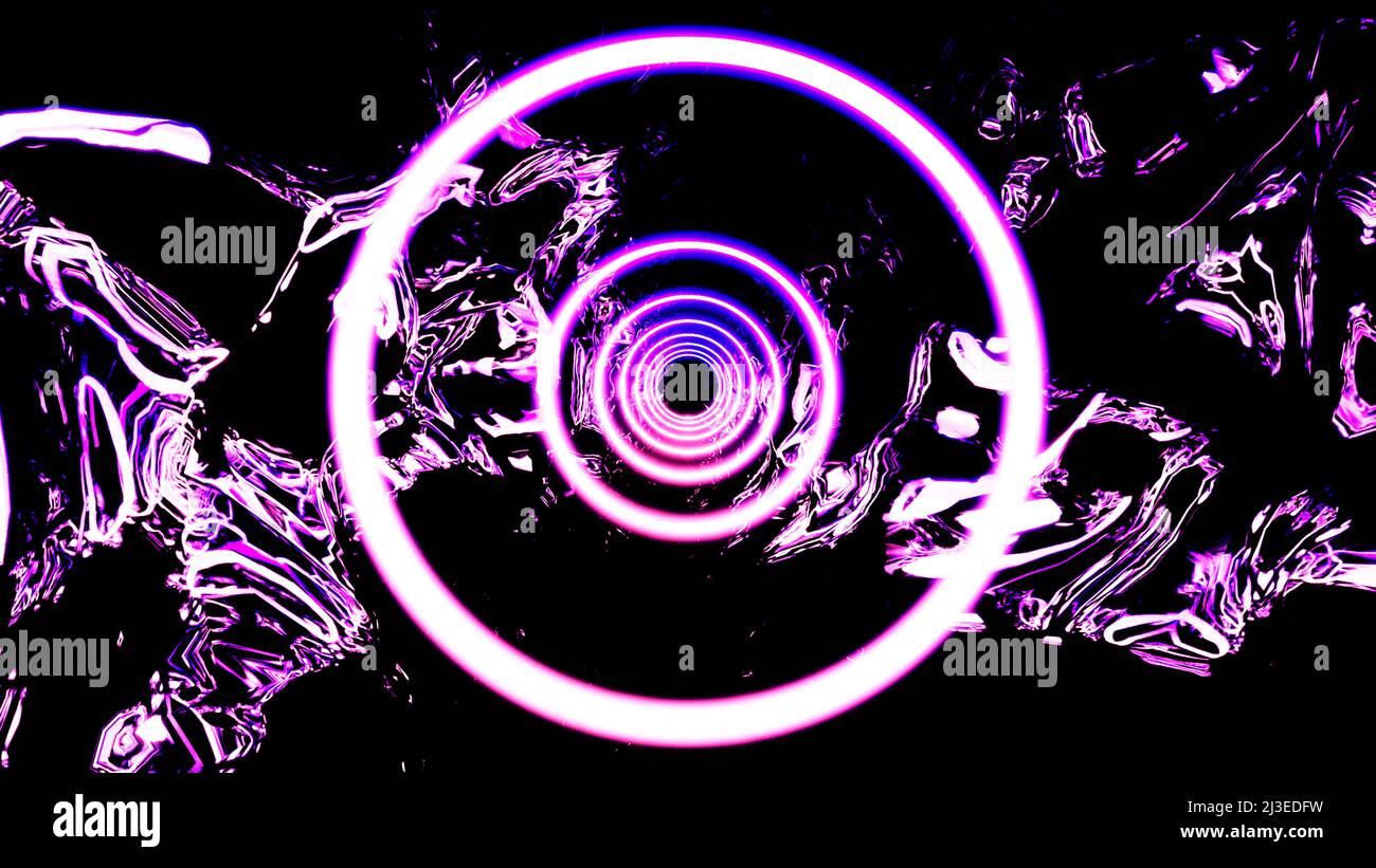 Flying fast through the digital neon glowing tunnel on a black ...