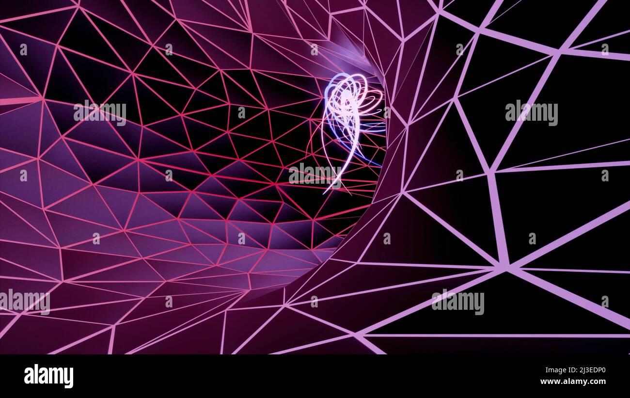 Neon multi coloured edged polygons moving and turning on a black ...