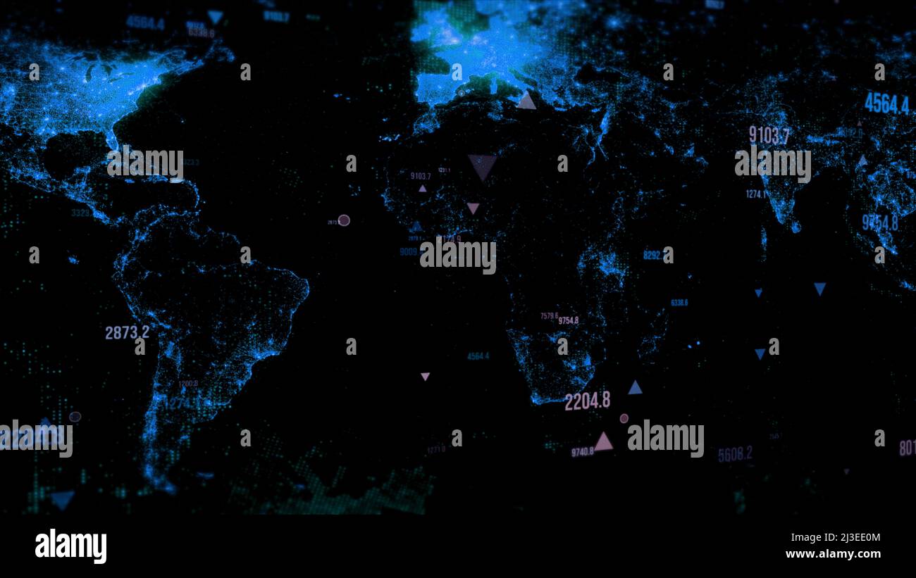 World map digital view with changing numbers and icons, global ...