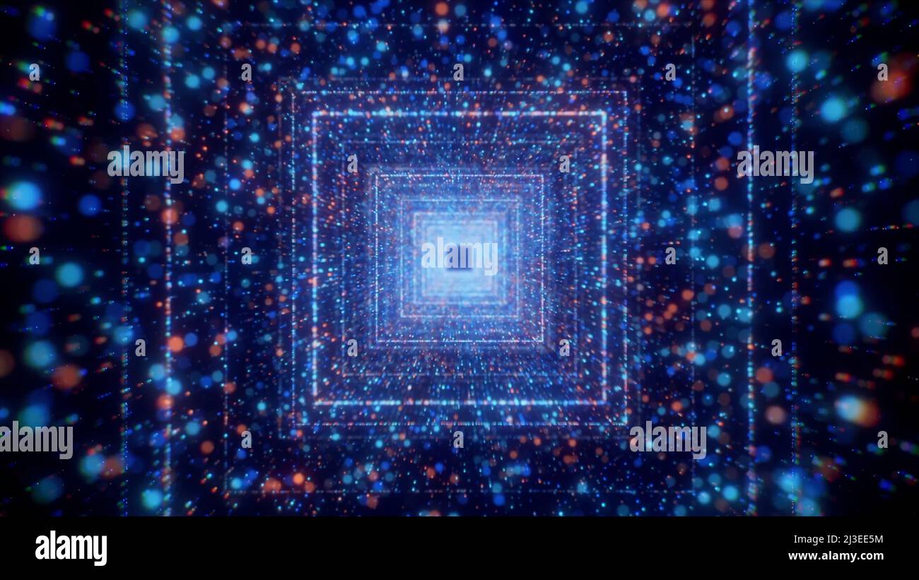 Infinite neon light square tunnel of glowing dot particles. Motion. Cyber technology background ...