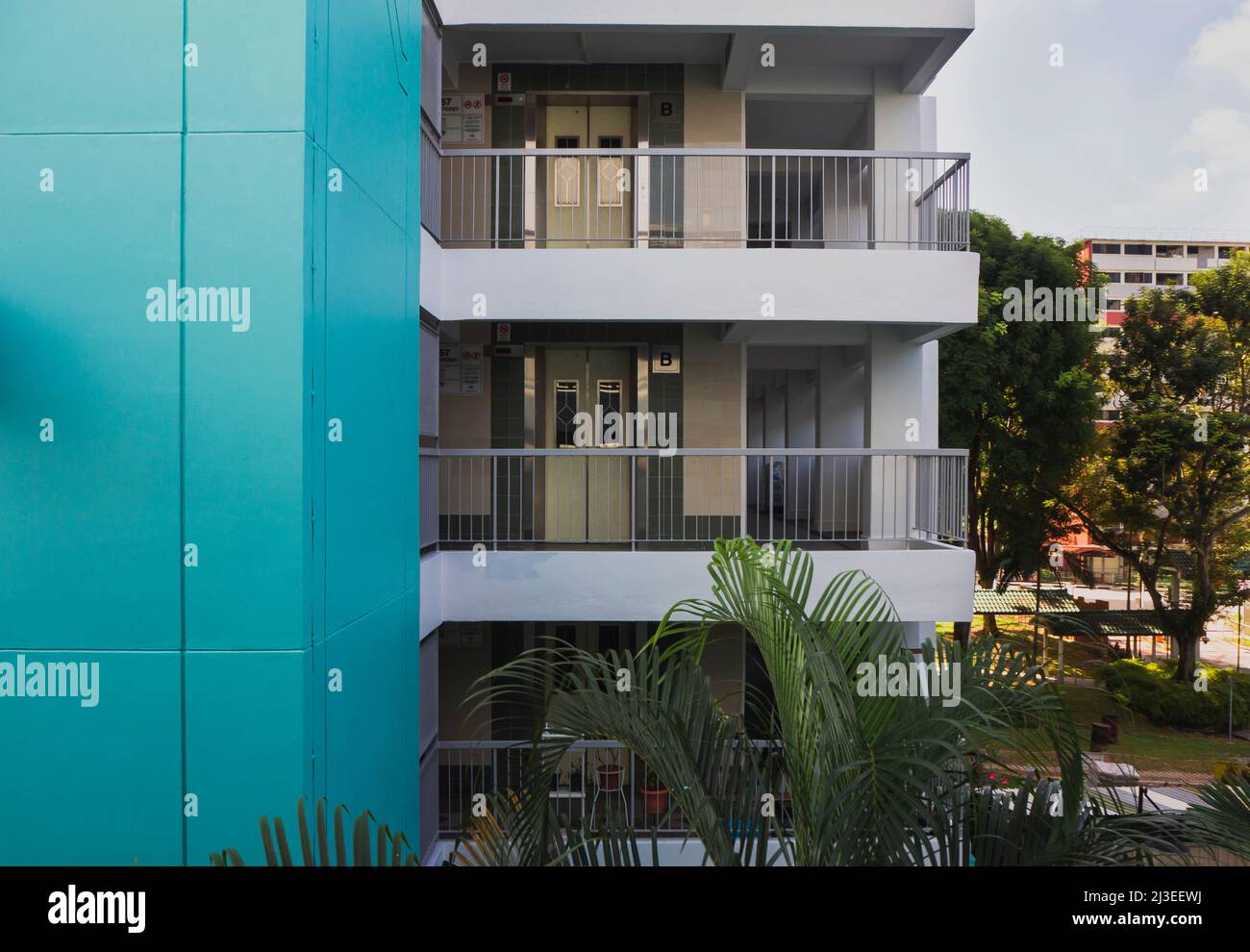 View of public housing in Singapore. Lift lobby of a high rise ...