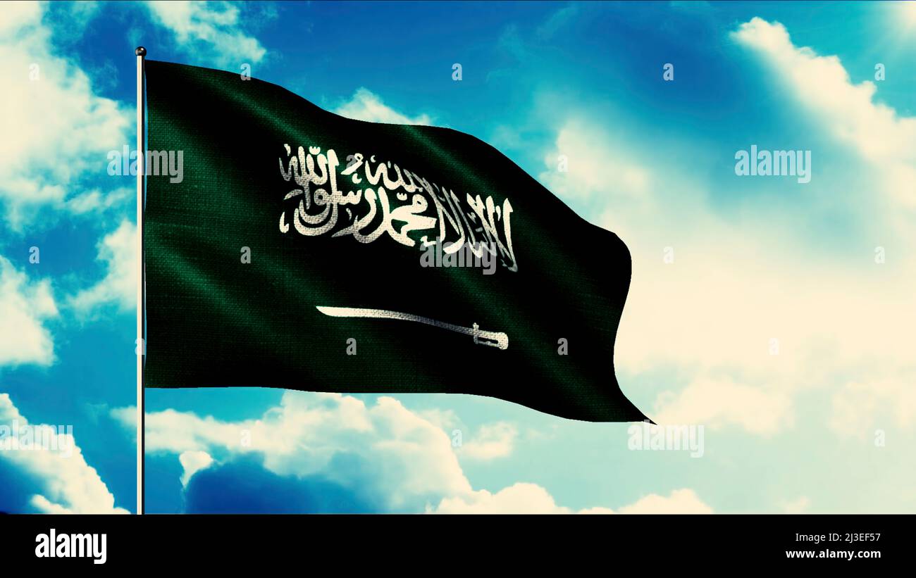 Saudi Arabia flag waving in the wind on a flagpole, seamless loop ...
