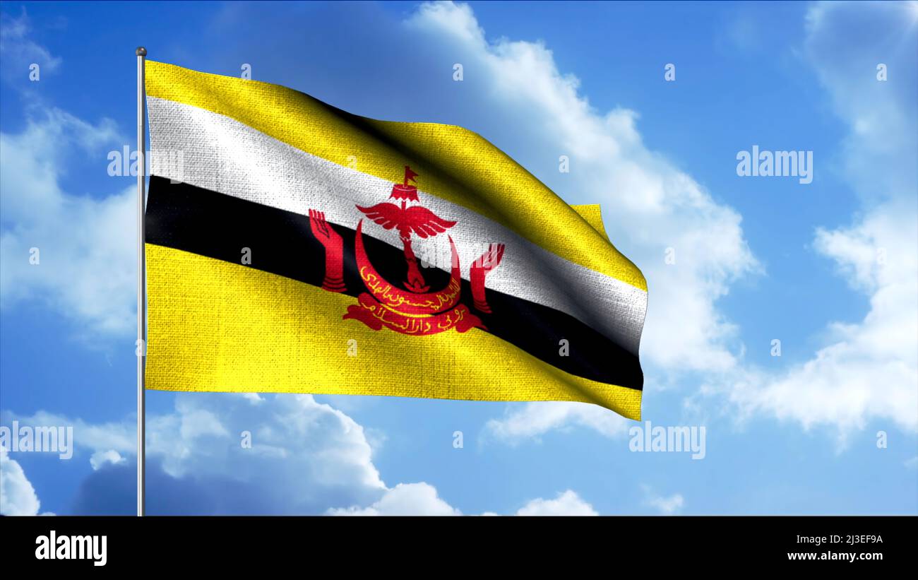 Brunei flag waving in the wind with cloudy background animation. Motion ...