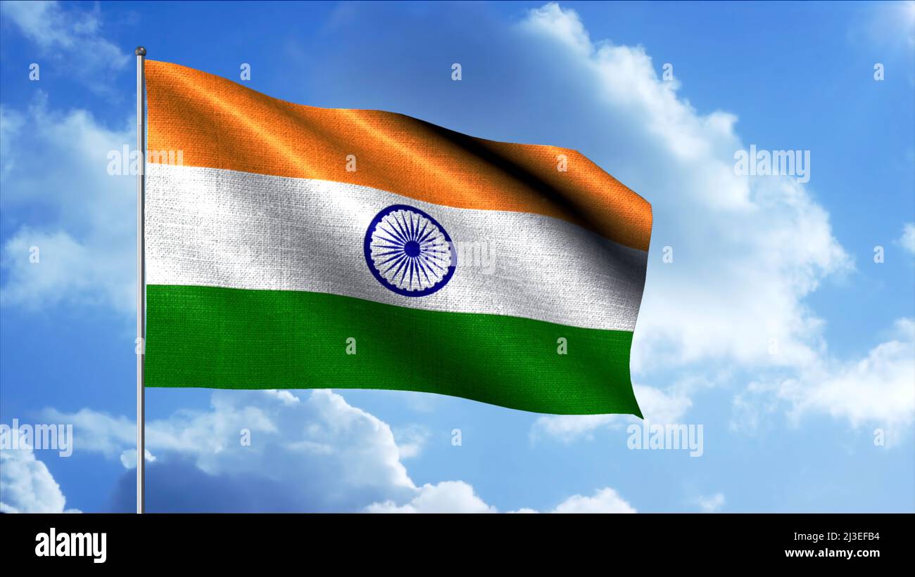 India flag waving in the wind with the clouds flowing slowly on the ...