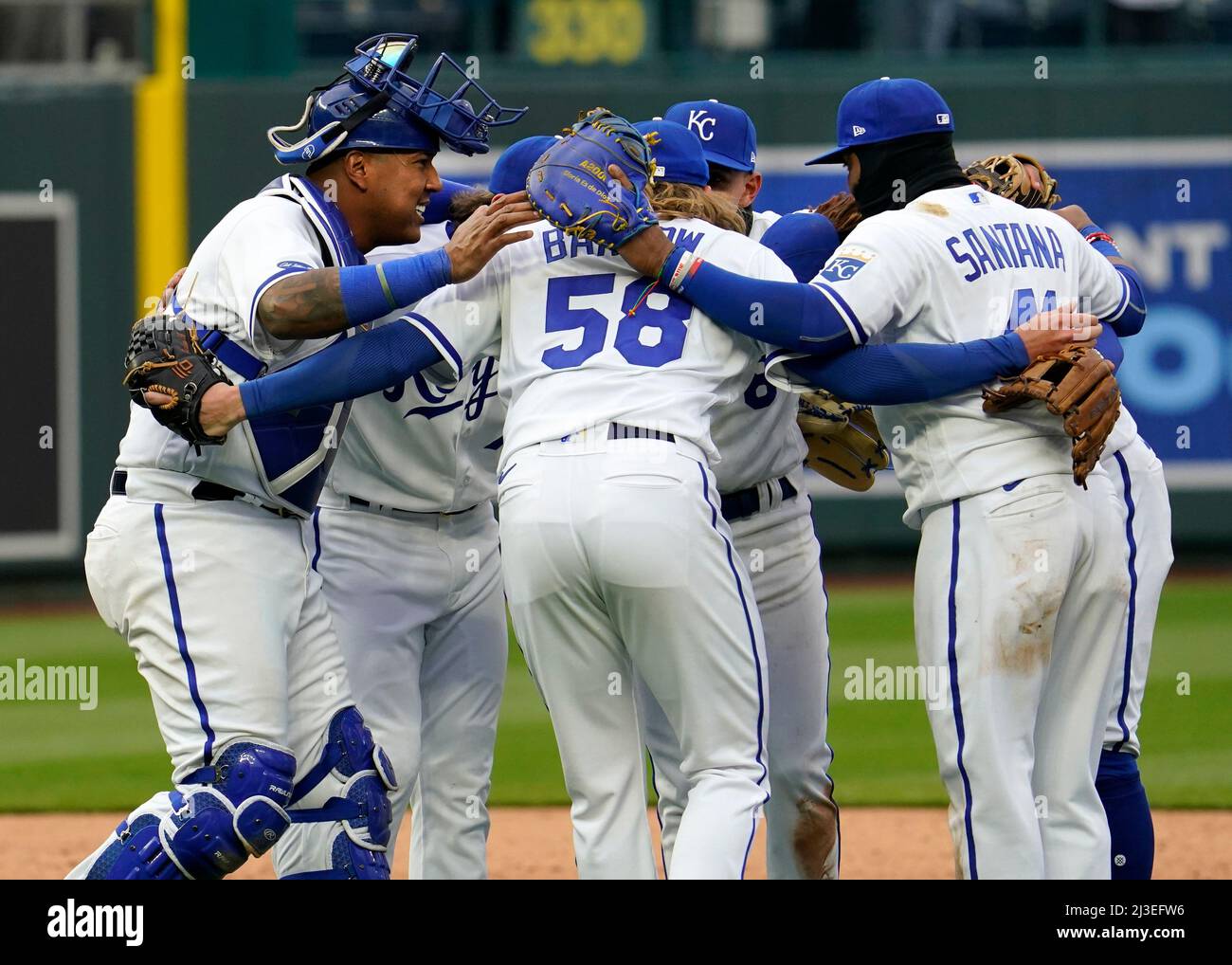Apr 07, 2022: The Kansas City Royals team mates celebrate an opening ...