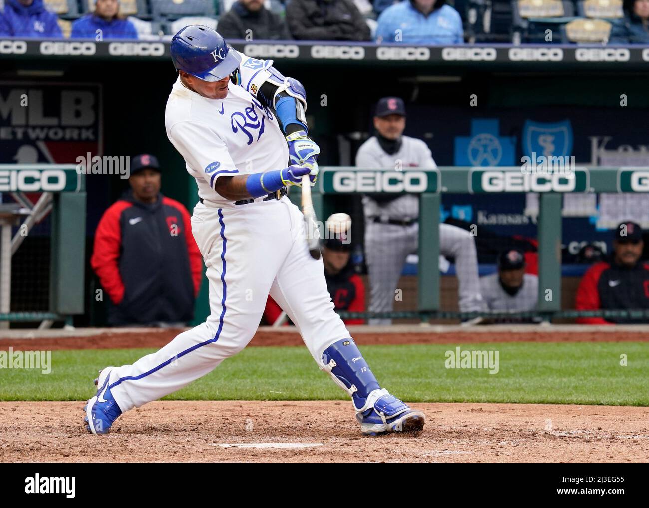 Apr 07, 2022: Kansas City Royals catcher Salvador Perez (13) drives a ...
