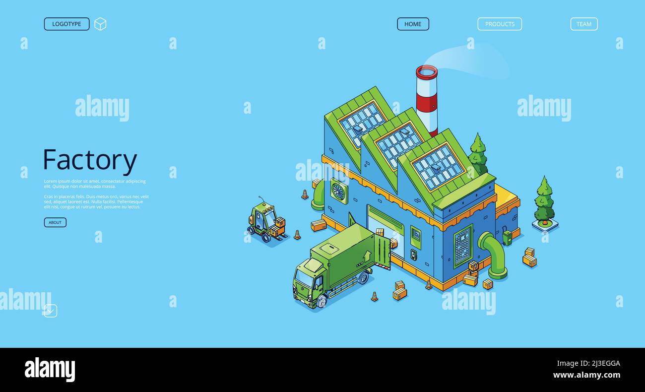 Factory isometric landing page, truck loading freight at industrial ...