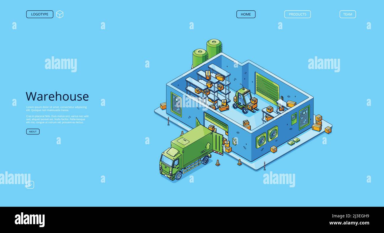 Warehouse banner with storage building, truck, forklift and cardboard ...