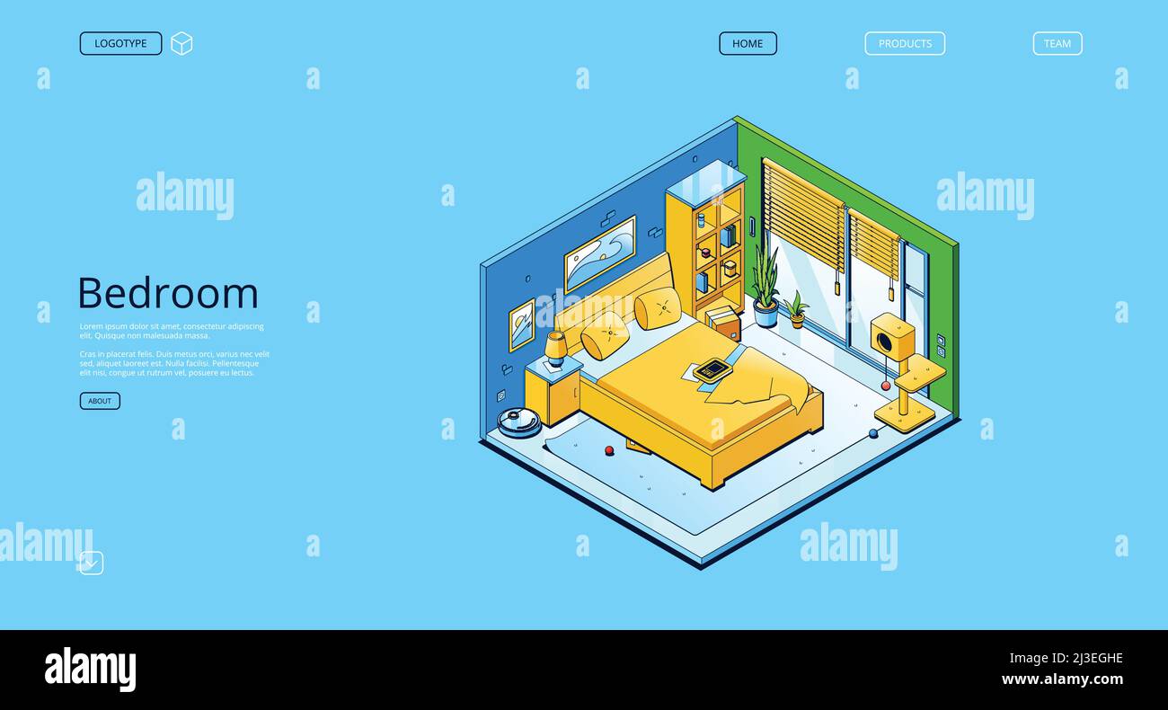 Bedroom isometric landing page, home interior with bed stand front of ...