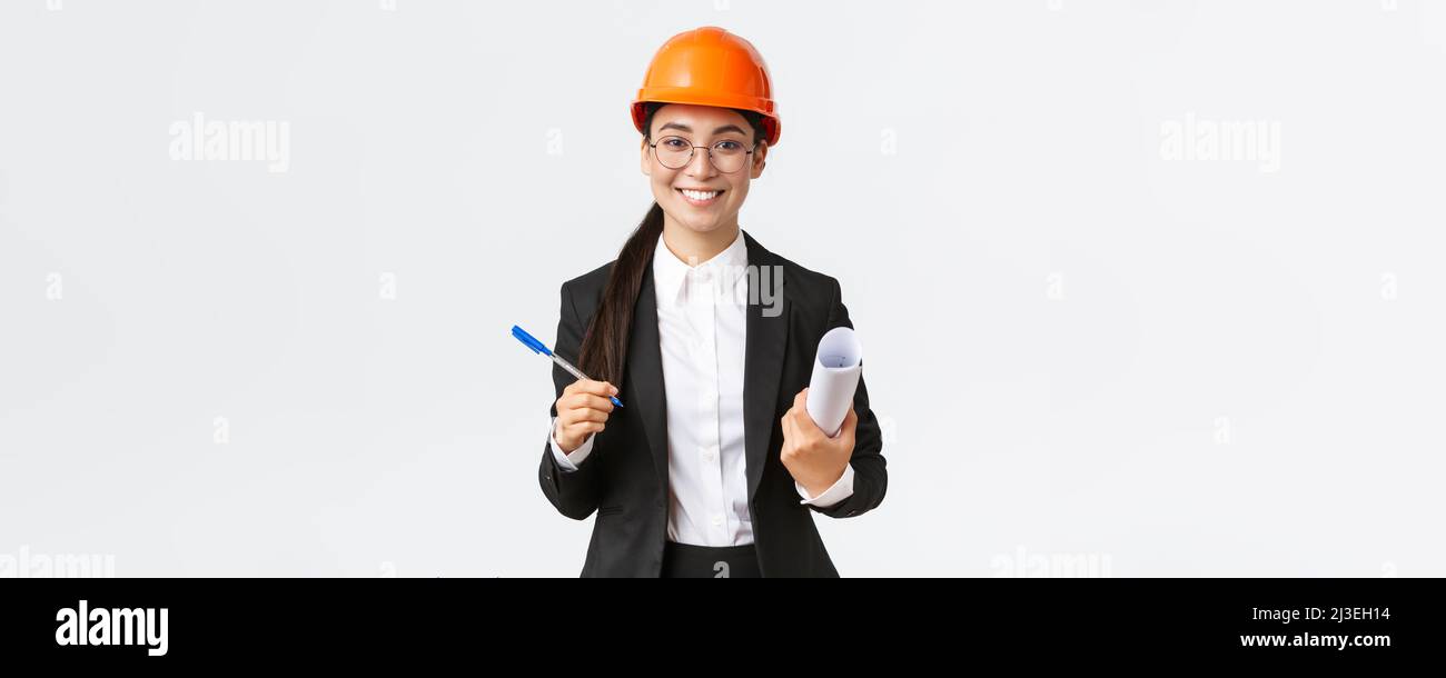 Smiling successful female entrepreneur, chief construction engineer in ...