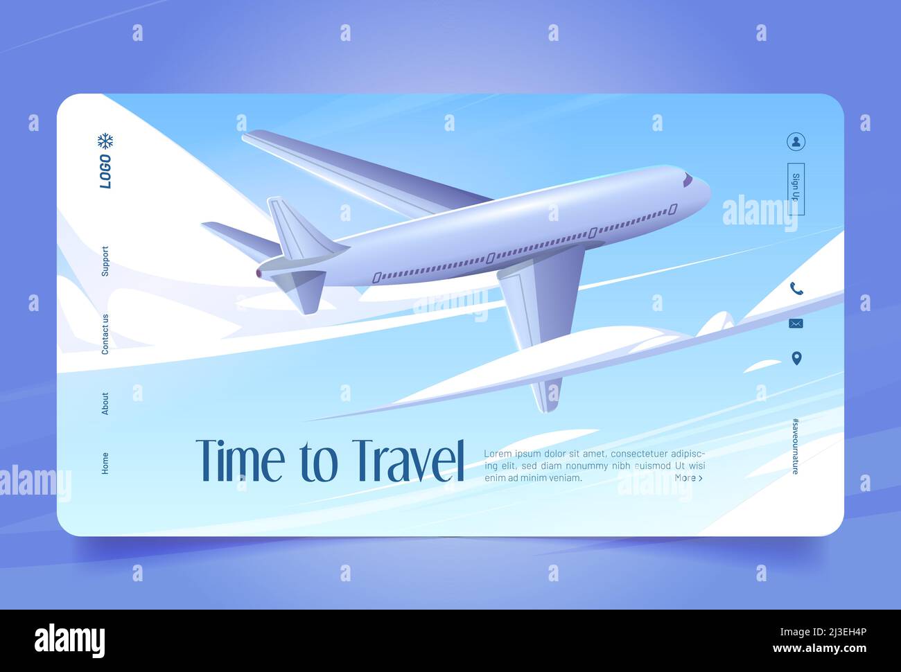 Time to travel cartoon landing page. Passenger airplane flying in sky ...