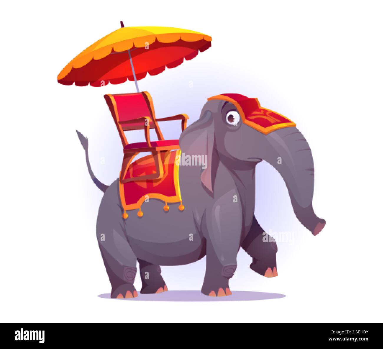 Funny elephant with chair, blanket and umbrella on back. Cartoon wild ...