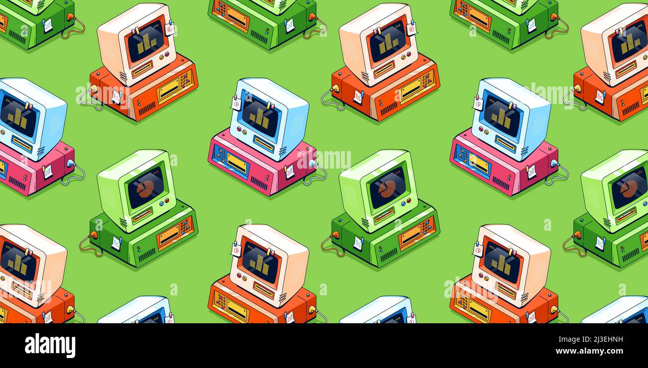 Vintage computers, old desktop pc with monitor and floppy disk drive ...