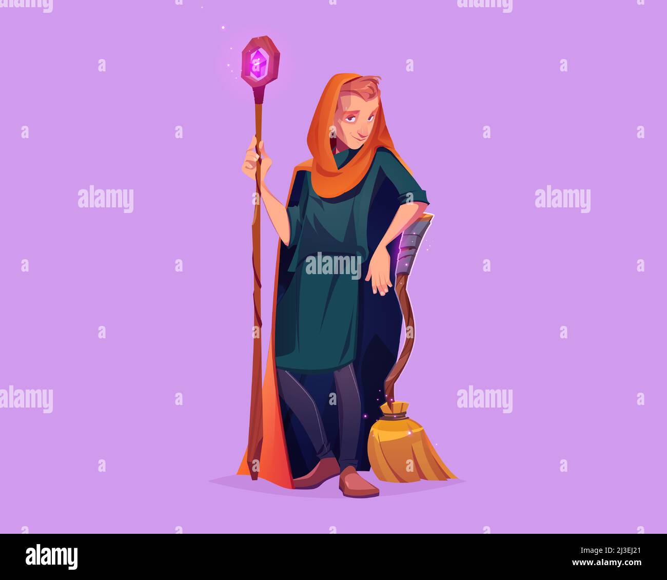 Man wizard with magic staff and broom. Vector cartoon illustration of ...