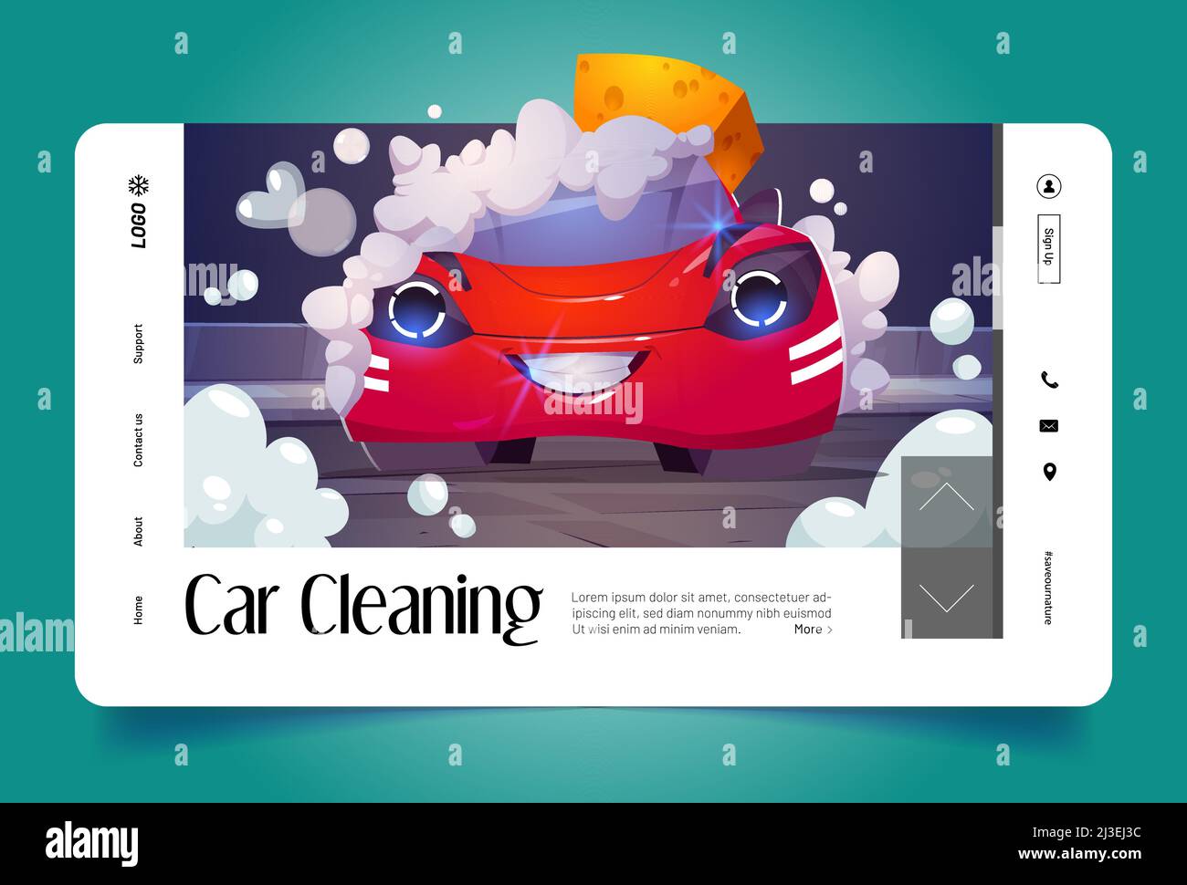 Car cleaning cartoon landing page. Happy automobile character with ...