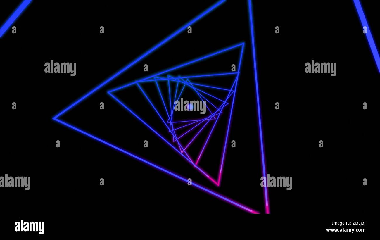 Colored triangles spiral on black background. Design. Rotating ...