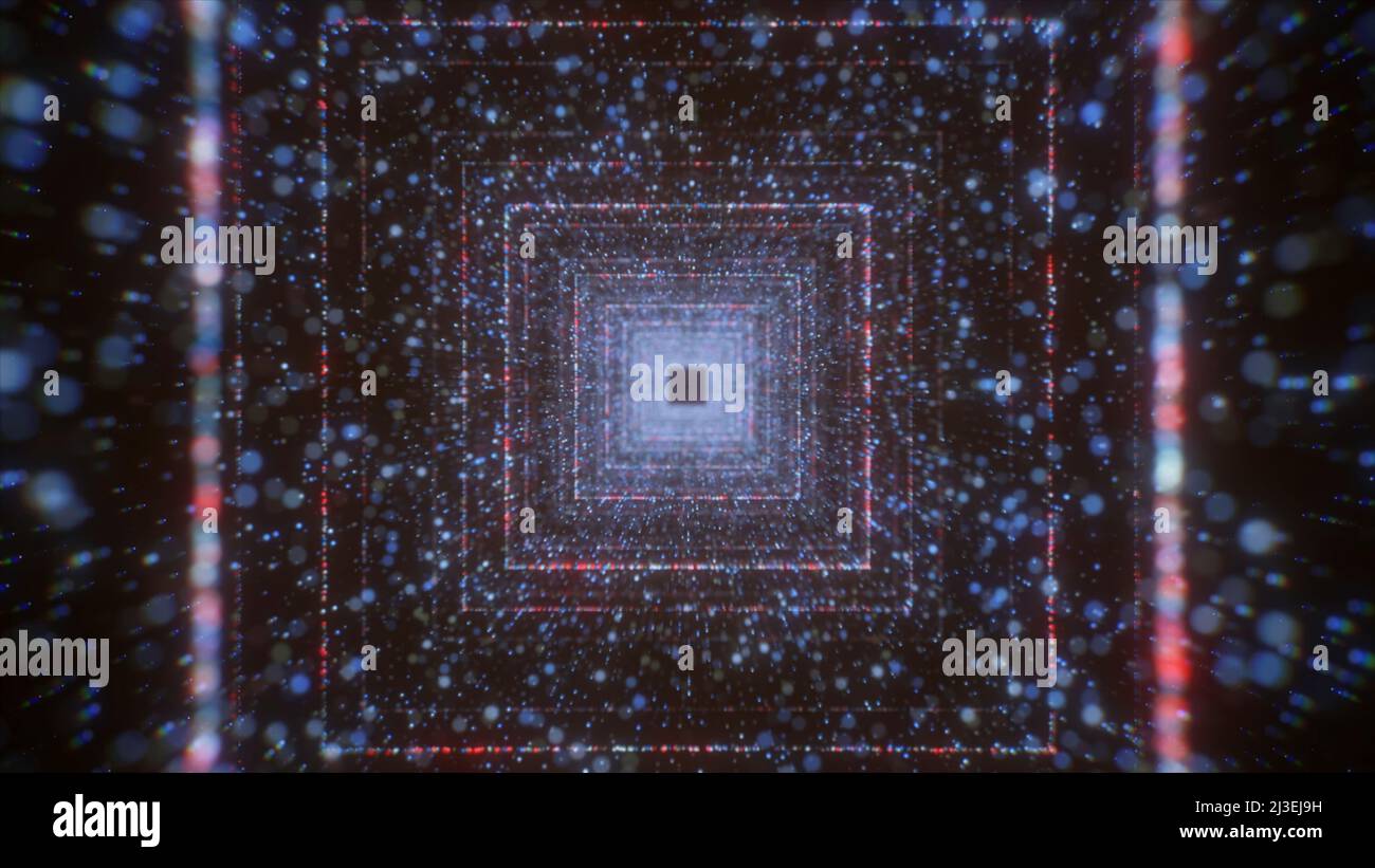Tunnel with squares and shiny particles. Motion. Galactic tunnel with ...
