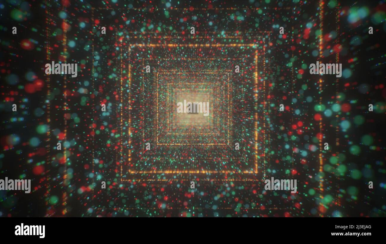 Tunnel with squares and shiny particles. Motion. Galactic tunnel with ...