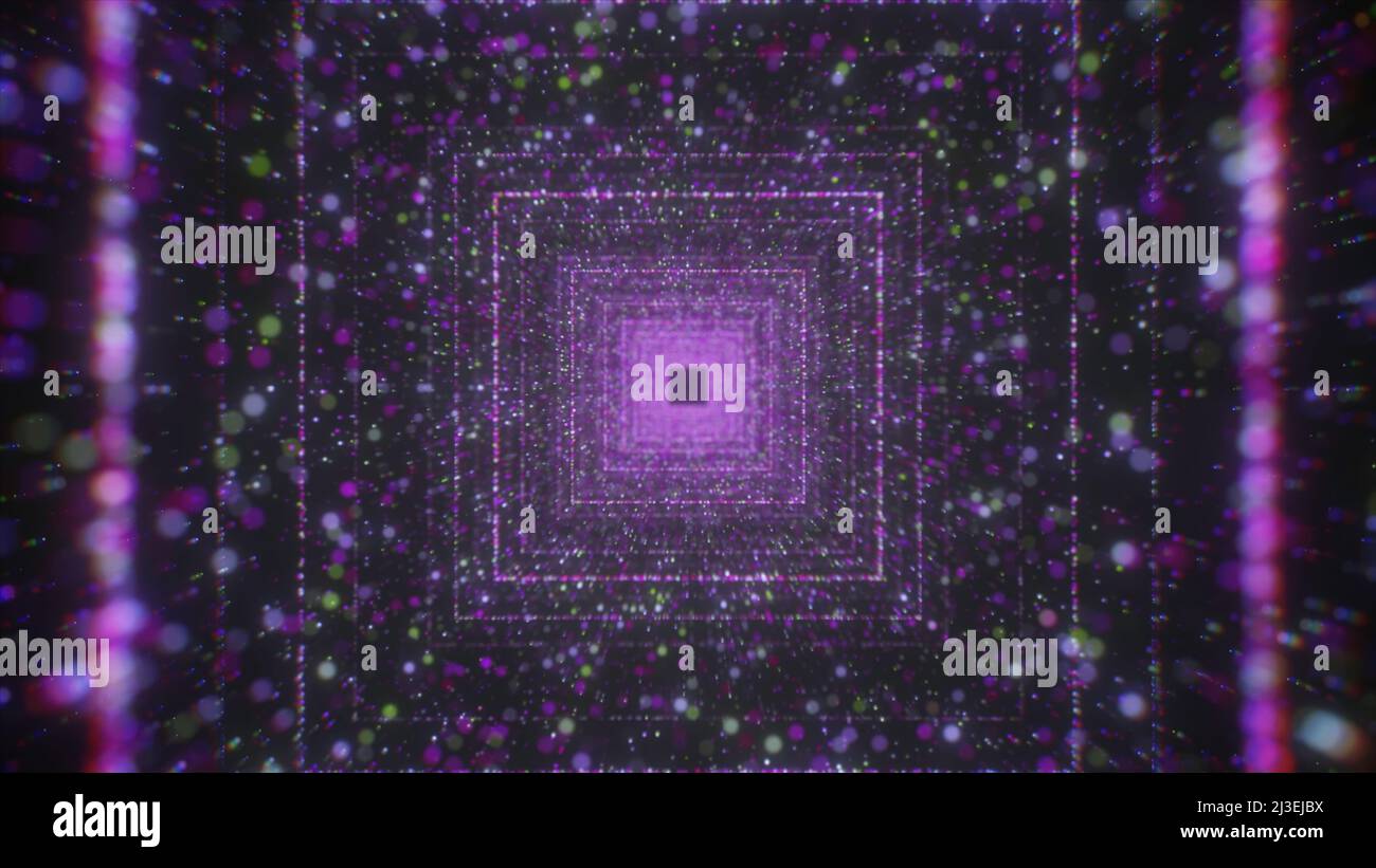 Tunnel with squares and shiny particles. Motion. Galactic tunnel with ...