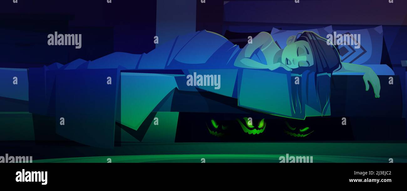 Monsters hiding under bed with sleeping woman. Vector cartoon ...