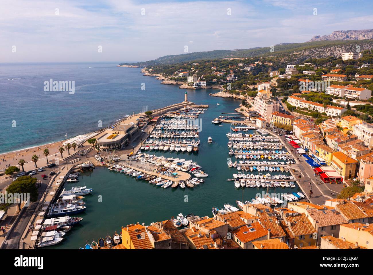Aerial view of Cassis cityscape on Mediterranean coast with marina ...