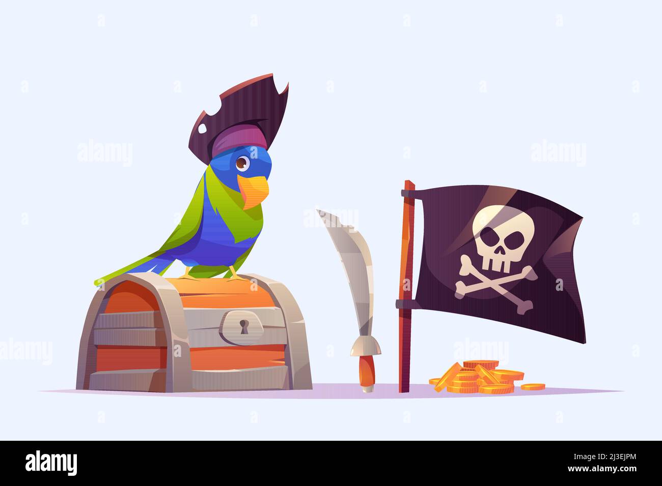Pirate parrot in hat, treasure chest, sword, gold coins and black flag ...