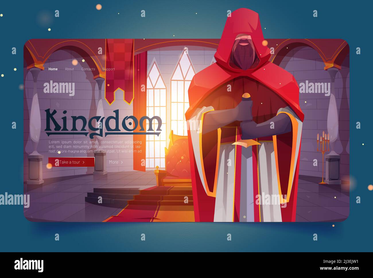 Kingdom cartoon landing page, ancient warrior in medieval castle throne room, knight, heraldic ...