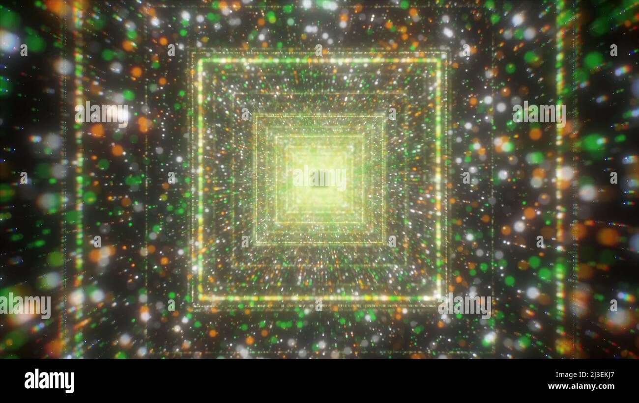 Bright colorful tunnel of glowing particles and squares. Motion ...