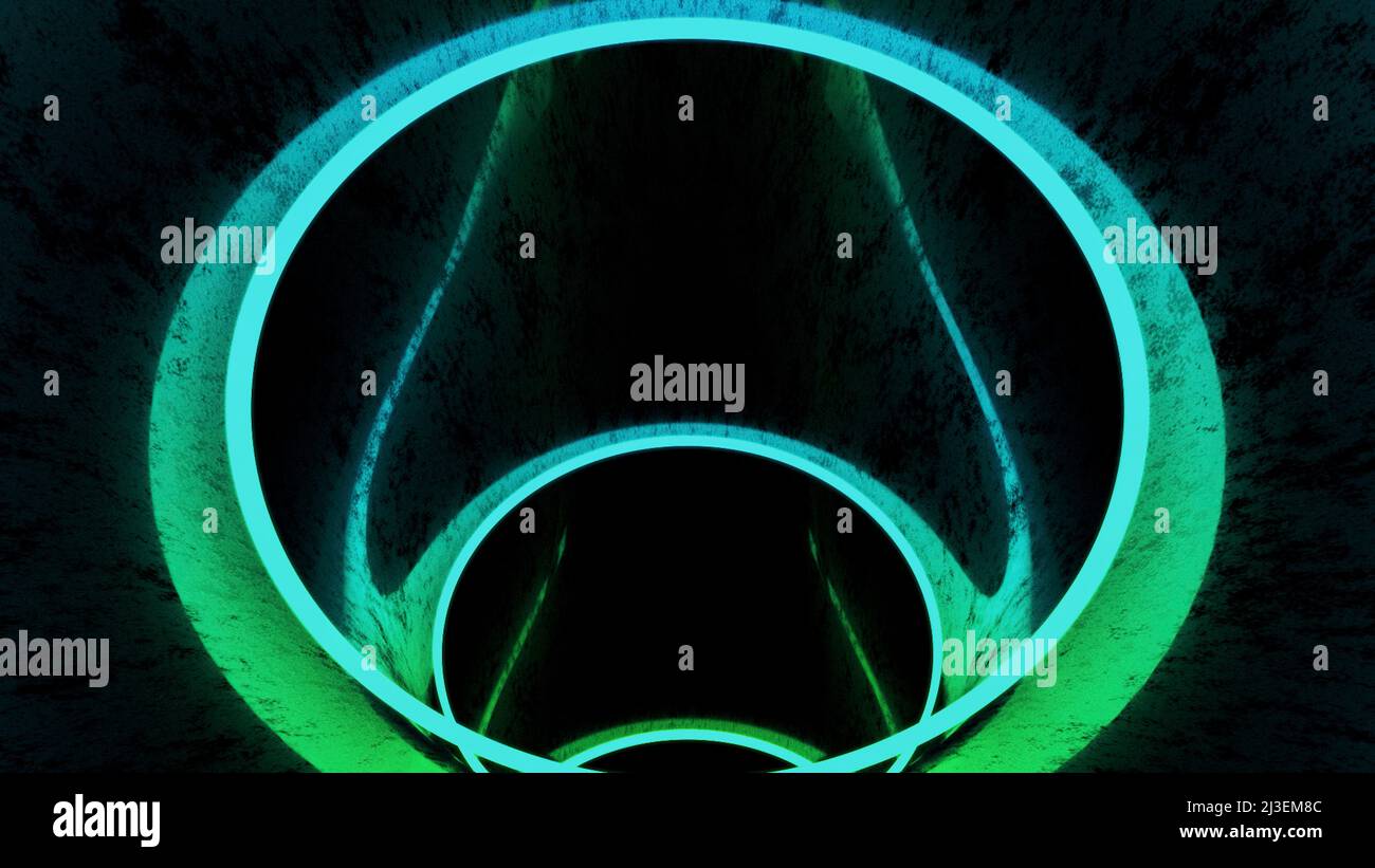 Movement in hole with neon rings. Design. Dive into tunnel with bright ...