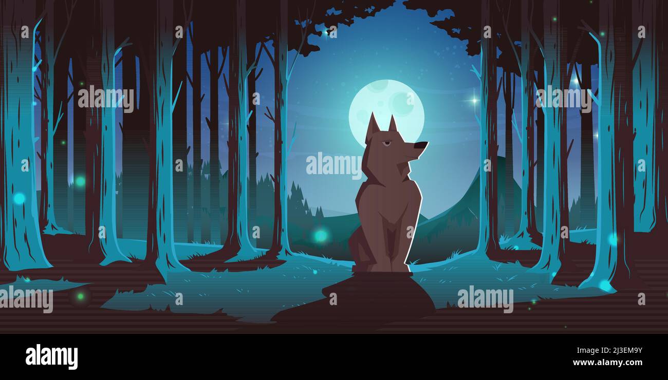 Wolf sitting in forest at night. Vector cartoon illustration of summer ...
