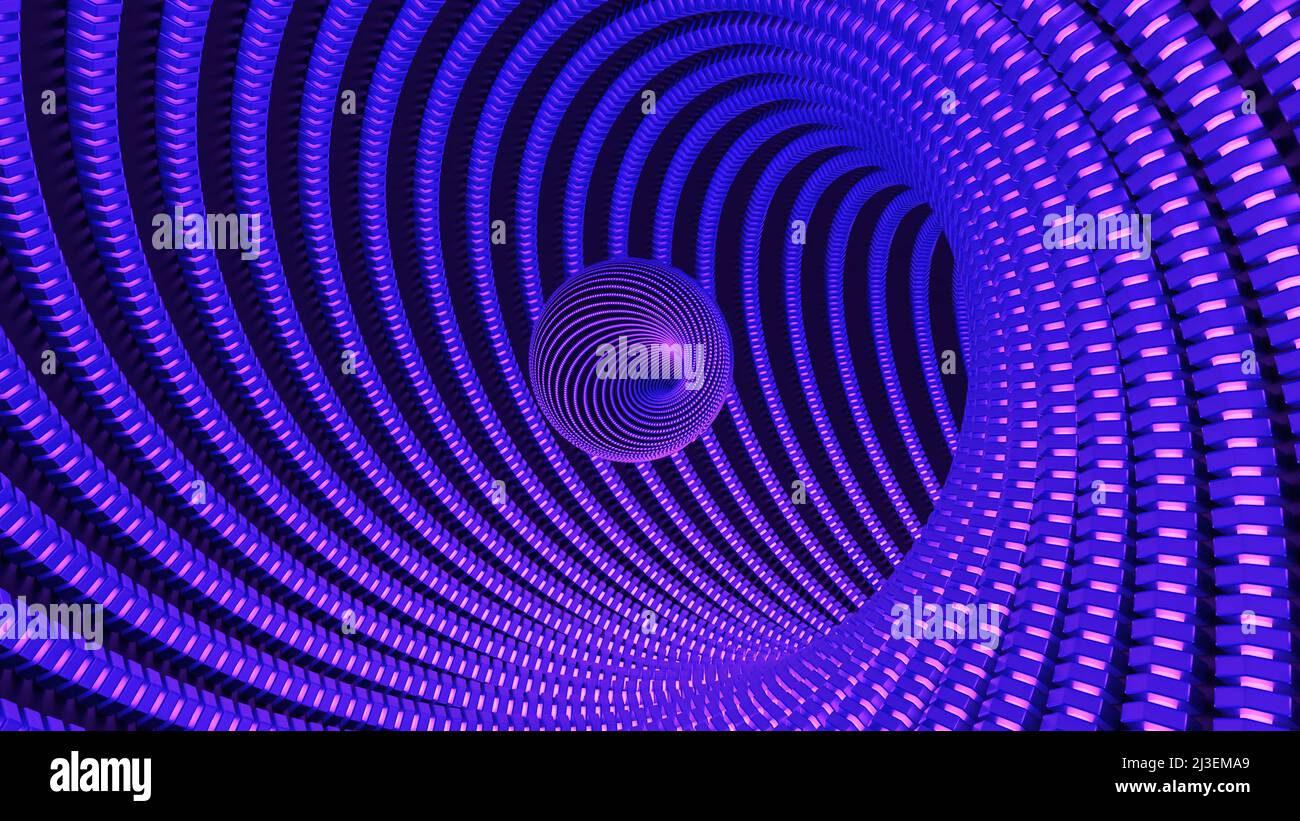 3d mirror ball in tunnel. Design. Ball is moving in neon striped tunnel ...