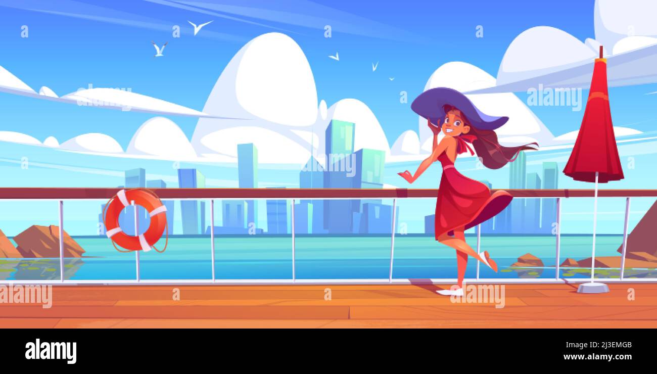 Woman On Cruise Liner Deck On Sea View And City Skyline Girl In Summer 7839