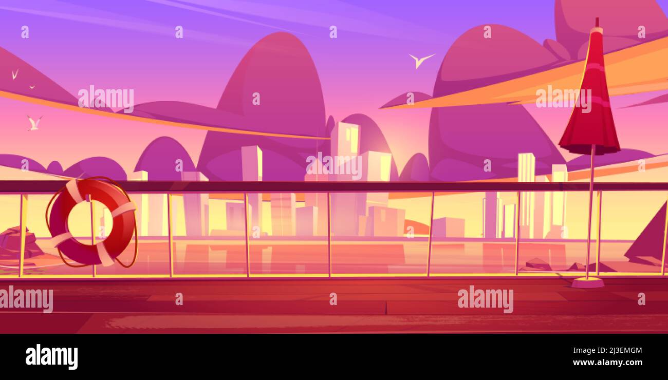 View from cruise ship deck to seascape with city buildings on horizon ...