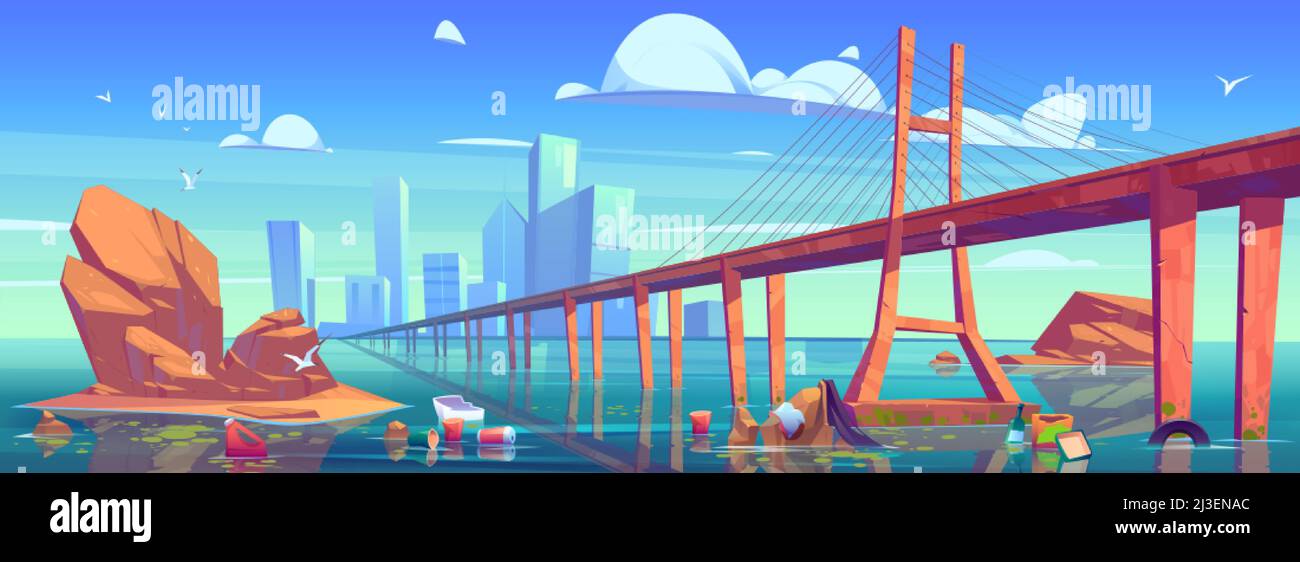 Modern city skyline view with low-water bridge and polluted ocean water ...