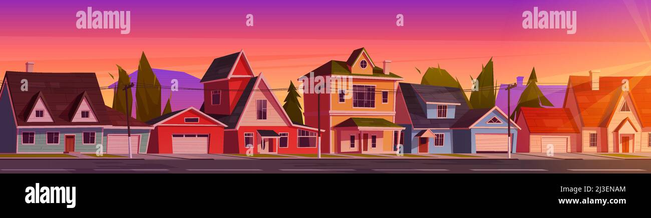 Suburb houses at beautiful sunset landscape, suburban street with ...