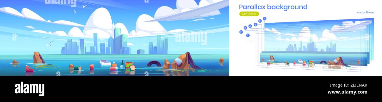 Lake with plastic trash in water and city buildings on skyline. Vector ...