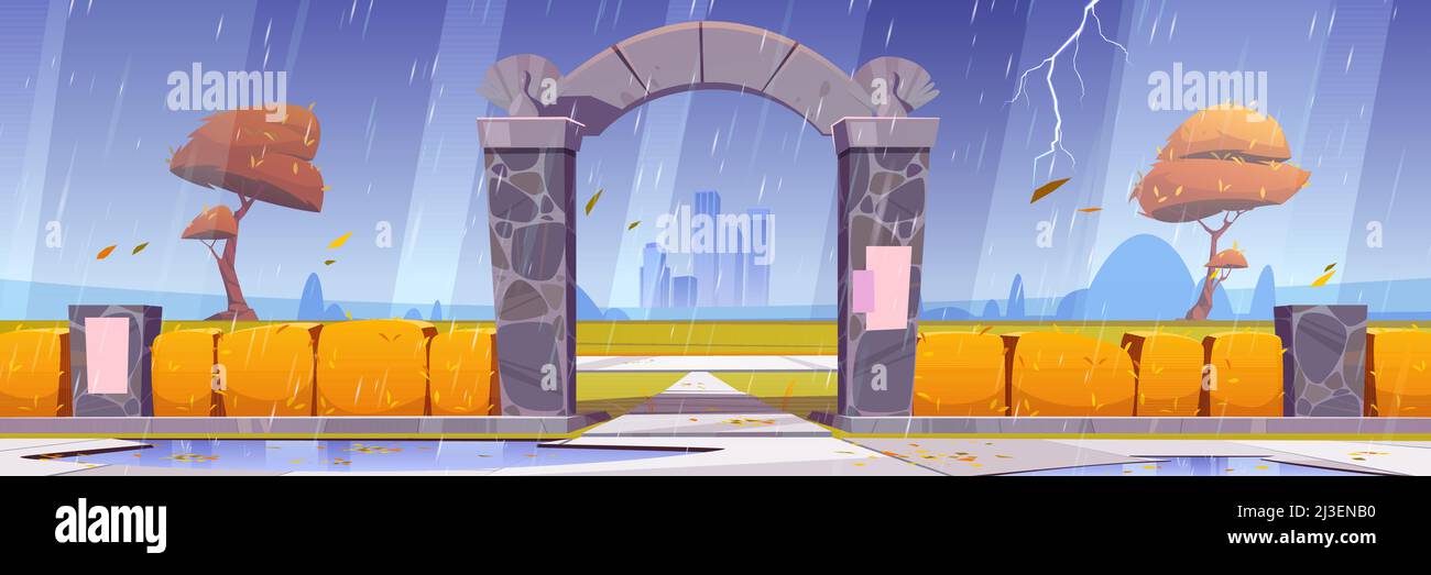 Stone gates, entrance to autumn city garden or park at rainy weather ...