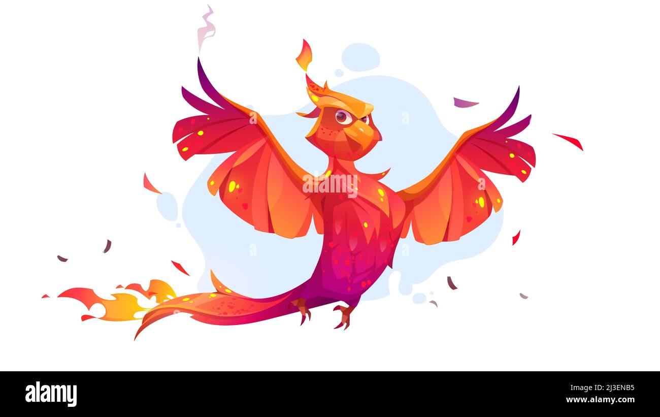 Cute phoenix character with orange burning feathers and fire. Vector ...