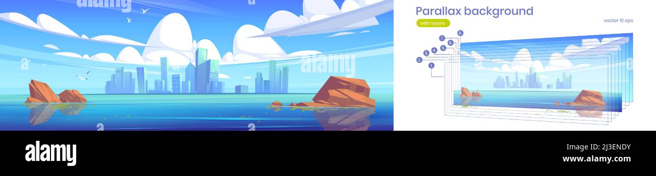 Lake with stones in water and city buildings on skyline. Vector ...
