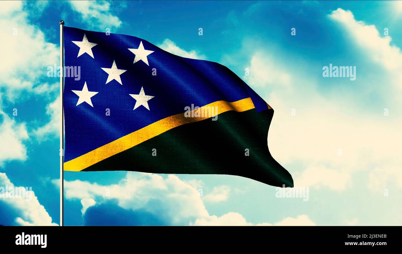 3D animation of moving flag on flagpole. Motion. Bright flag on blue ...